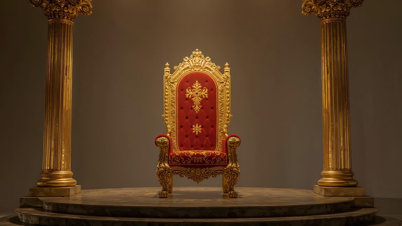 Camera showing golden throne on marble dais flanked by Corinthian ...