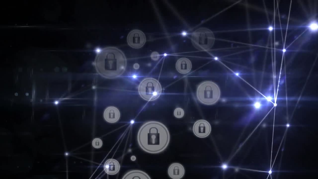 Digital animation of network of connections over multiple security padlock icons on blue ...