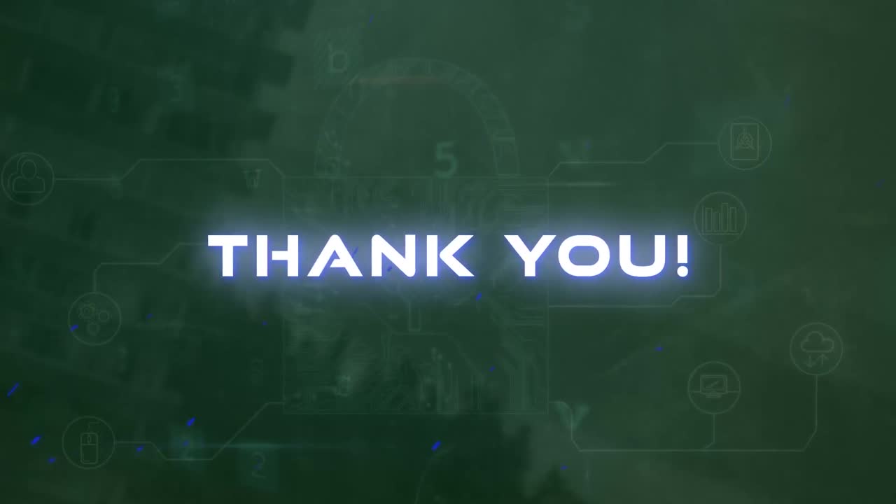 Animation of thank you text and cyber attack warning over cityscape ...