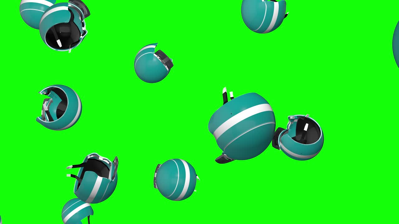 Premium stock video - Motorbike helmets falling from sky on green screen