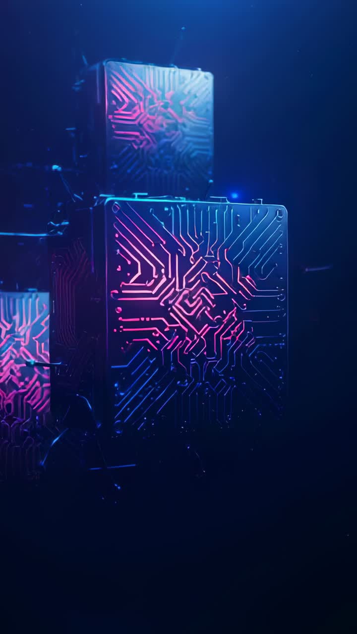 Vertical video: Camera approaching metal circuit cubes in hazy studio ...