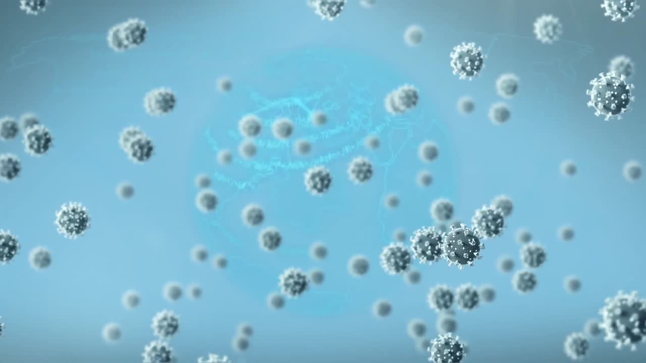 Premium stock video - Animation of covid 19 cells flying over globe