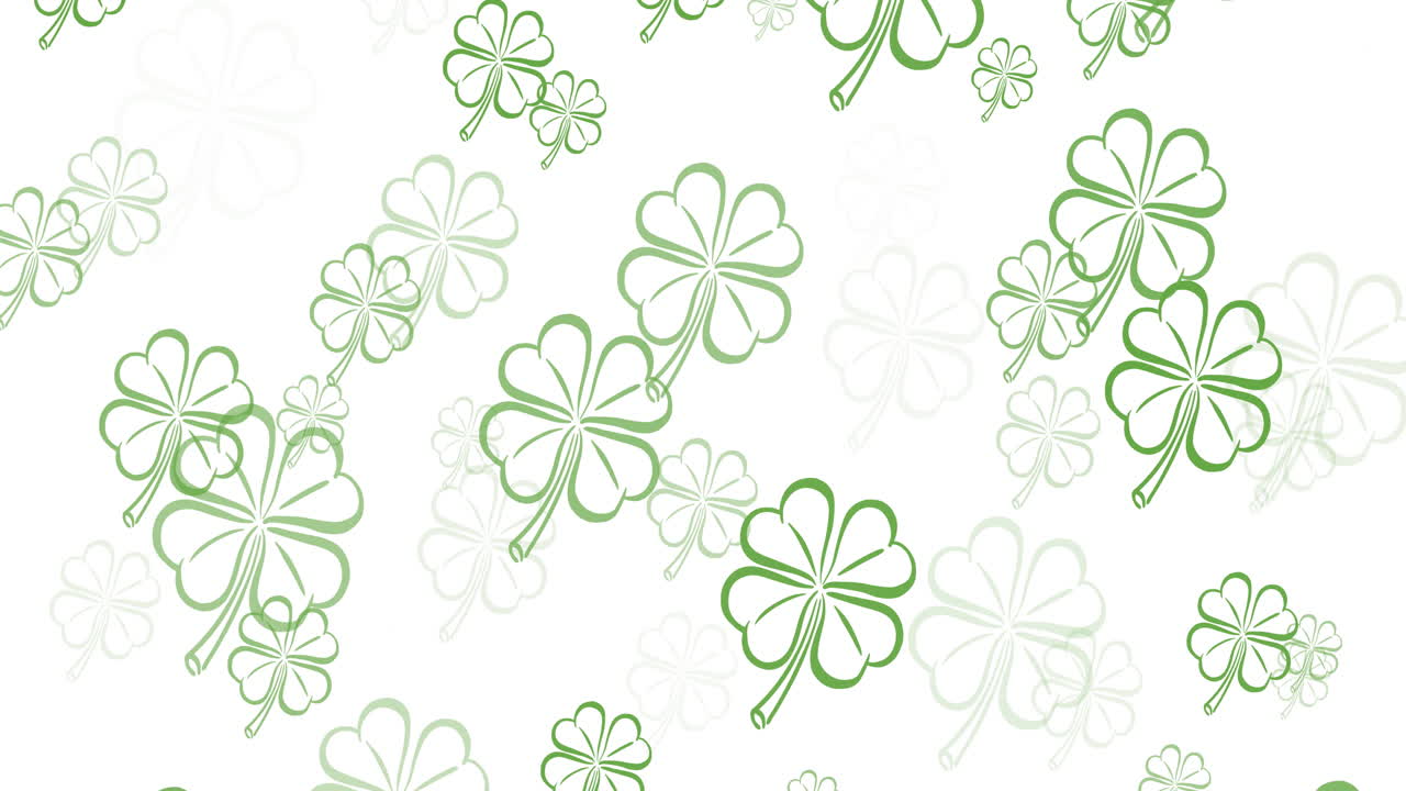 digital animation of multiple clover leaves floating against white ...
