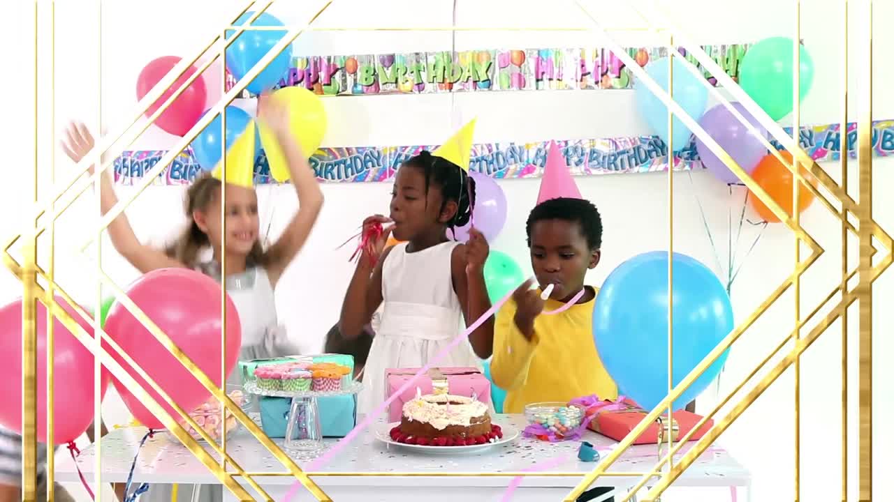 Animation Of Golden Shapes Over Children Having Fun At Party Free Stock ...