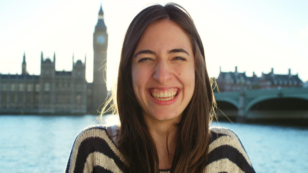 Woman, travel and london with happy face tourist Premium Stock Video ...