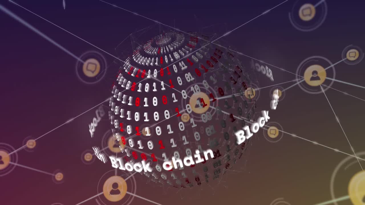 Premium stock video - Animation of network of digital icons and block chain text banner over ...