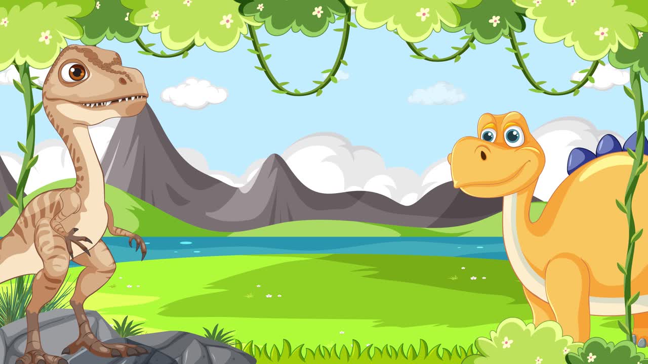 Two animated dinosaurs interact in a vibrant, colorful prehistoric ...