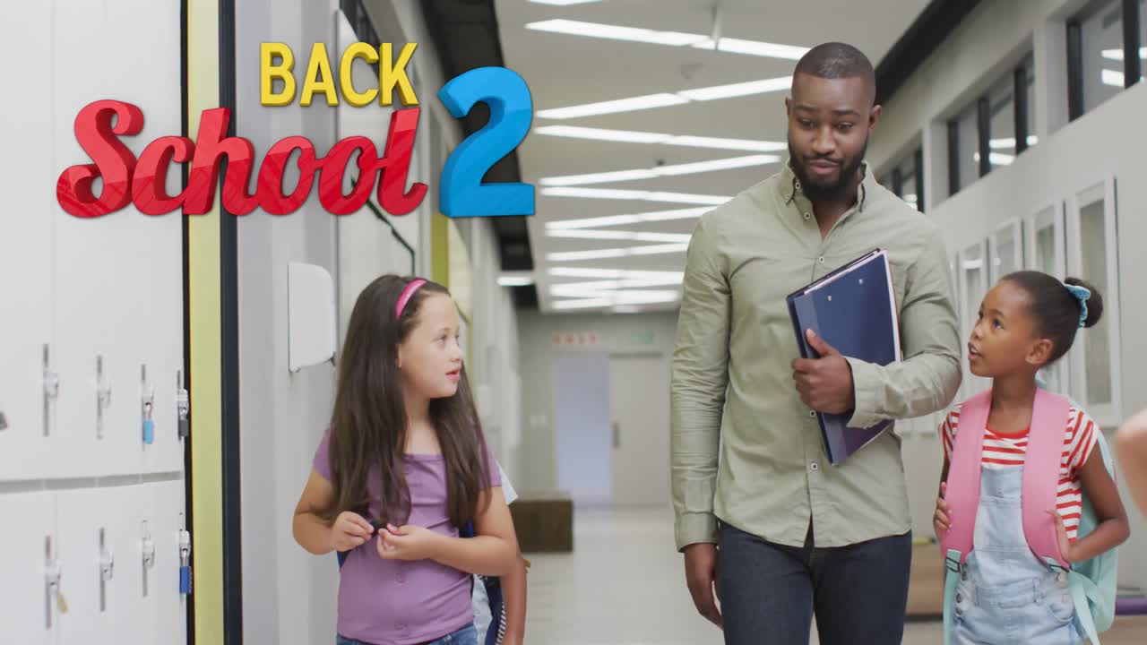 Animation of back 2 school text over happy diverse male teacher and ...