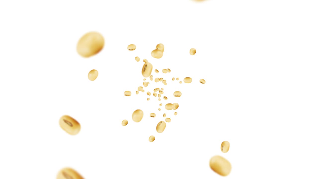 Flying many soybeans on white background. Light brown grains. Soya bean ...