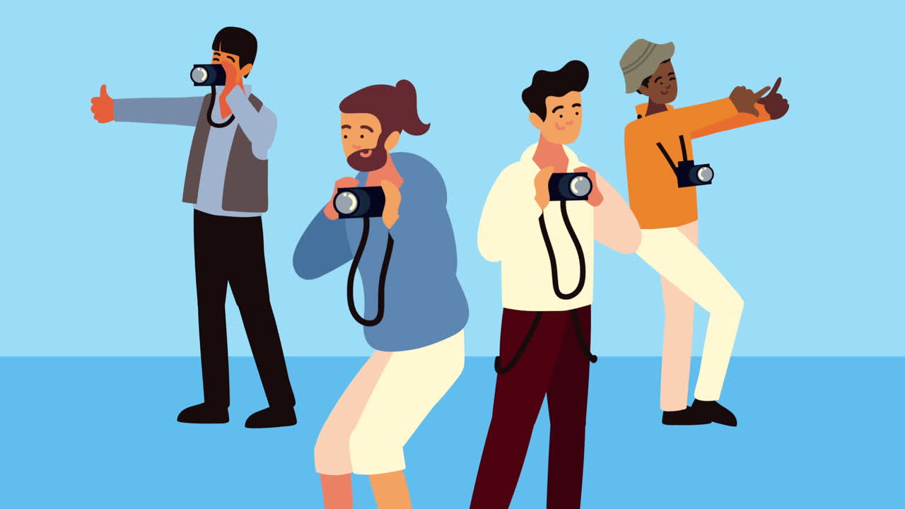 Four male photographers characters animation | Premium Stock Video Footage