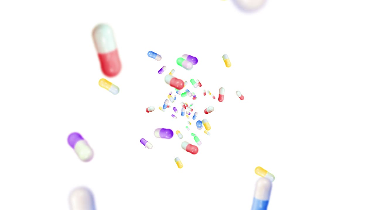 Flying many medical capsules on white background. Medicine and ...