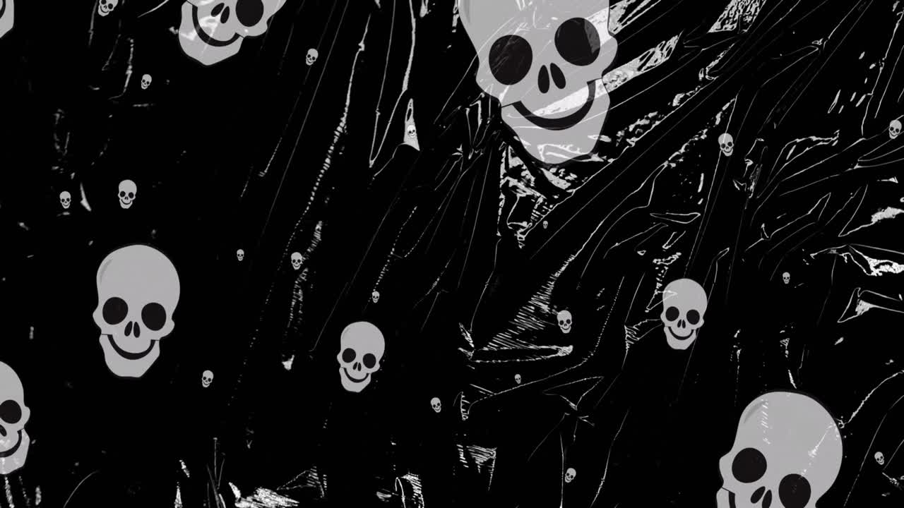 Premium stock video - Animation of falling skull icons over moving shapes