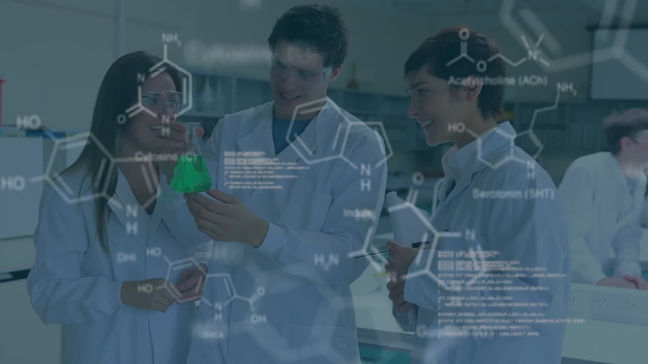 chemical formulas and molecular structures animation over scientists in laboratory | freepik