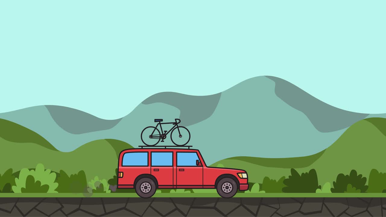 Animated red SUV car with bicycle on the roof trunk riding through gren ...