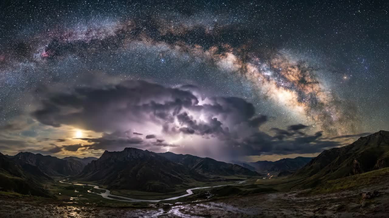 Lightning Storm Over Mountains and Milky Way | Premium Stock Video Footage