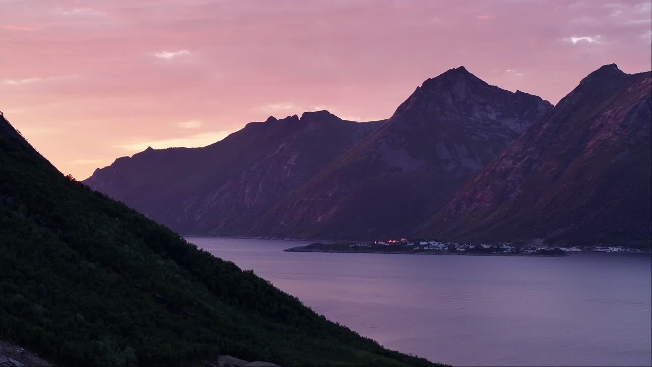 Dramatic Sunset Over Village Of Fjordgard In Senja Island, Norway ...