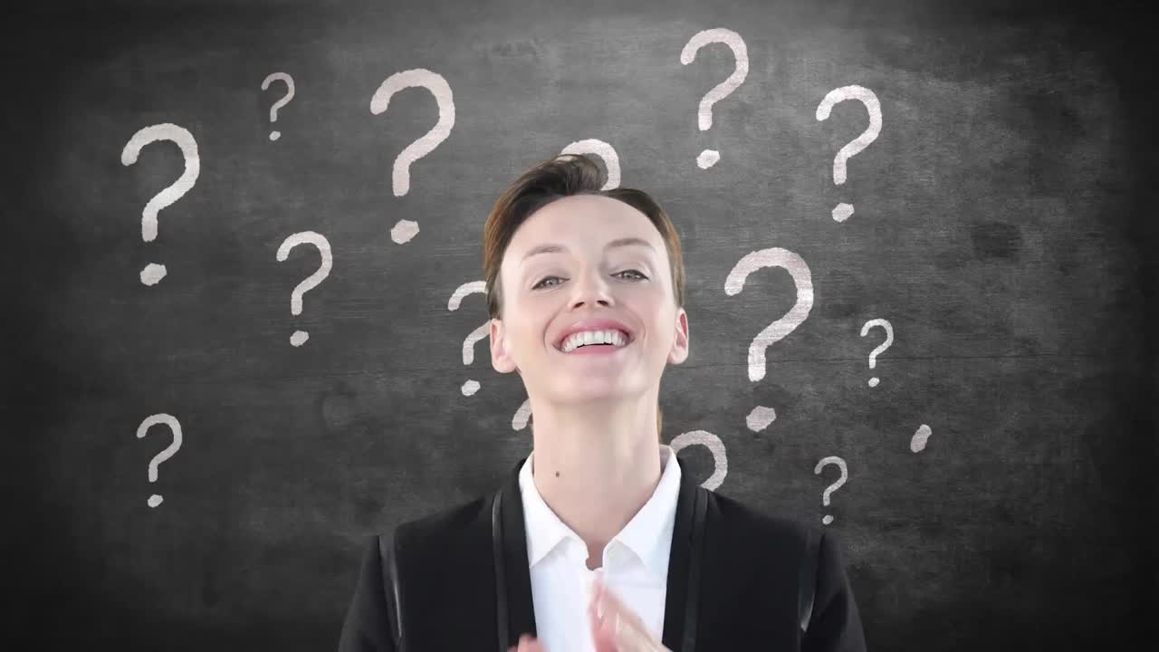 Animation Of A Surprised Caucasian Woman Over Question Marks Appearing On A Blackboard Free 