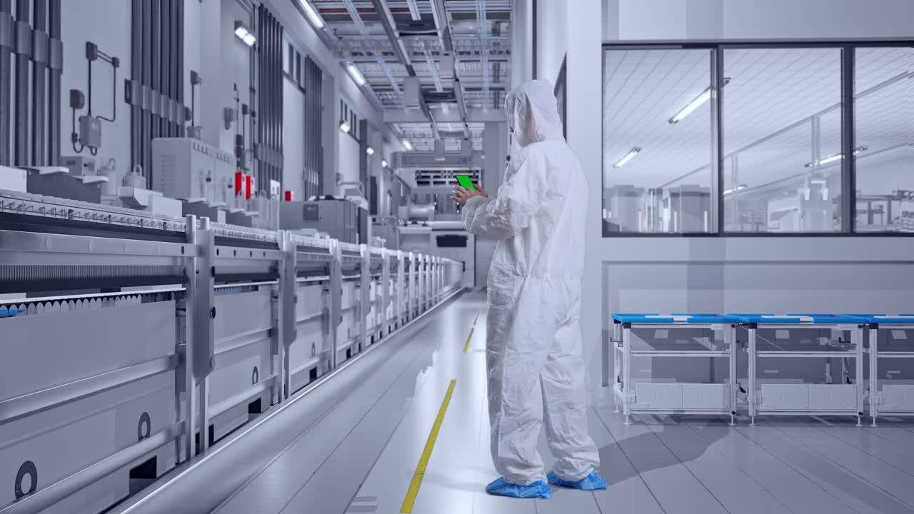 Full body back view of asian male scientist use mock up green screen ...
