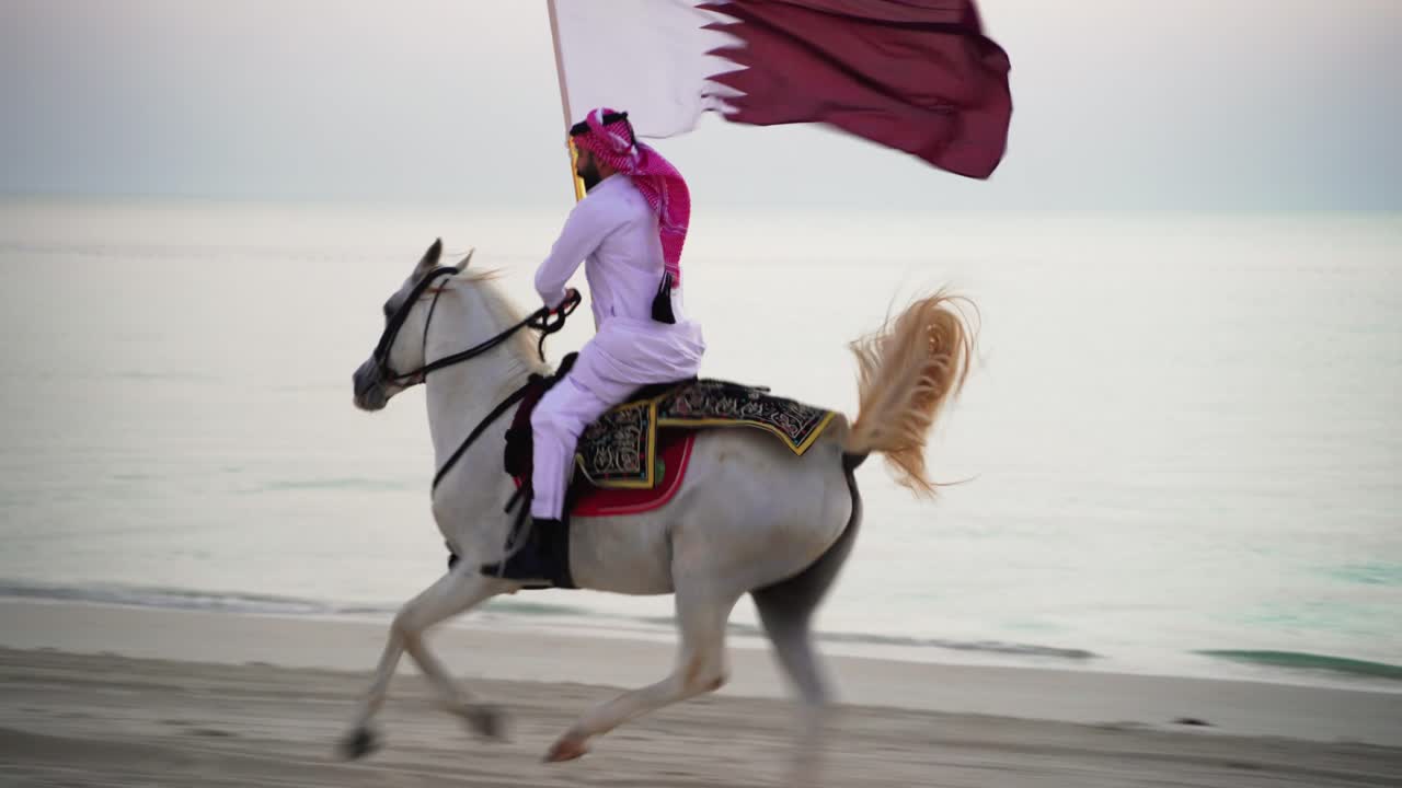 A knight riding a horse running and holding qatar flag near the sea-3 ...