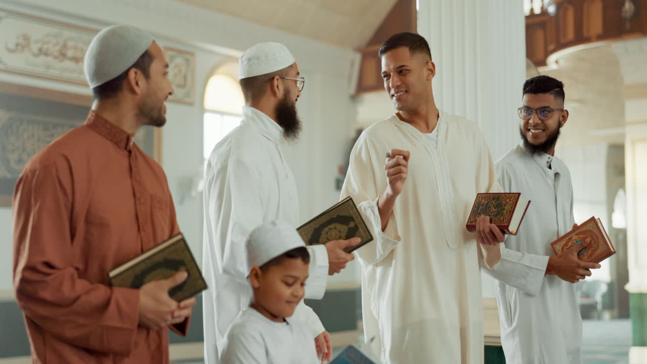 Premium stock video - Islam, people and walking with quran in mosque