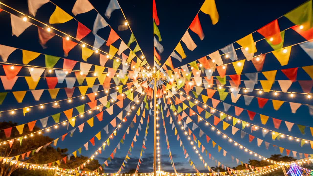 Swaying pennant flags on central pole and festoon lights fluttering in ...
