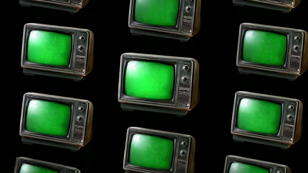Vintage television screens arranged in a grid pattern, displaying a ...