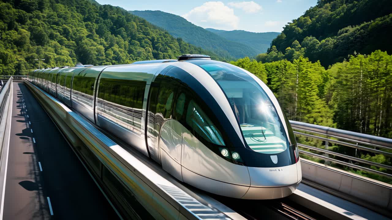 Modern maglev train gliding through lush mountainous landscape during ...