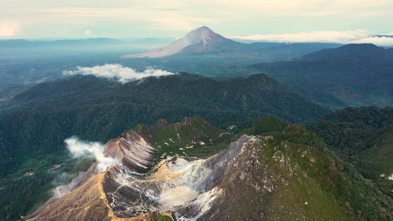 Aerial Shot Flying Backwards With View Of Volcano Mount Sinabung And ...