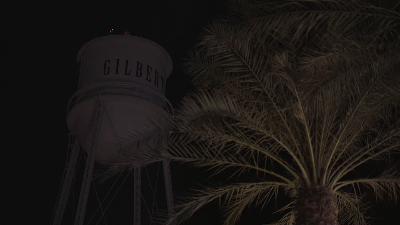 Premium stock video - Gilbert water tower light show behind a palm tree