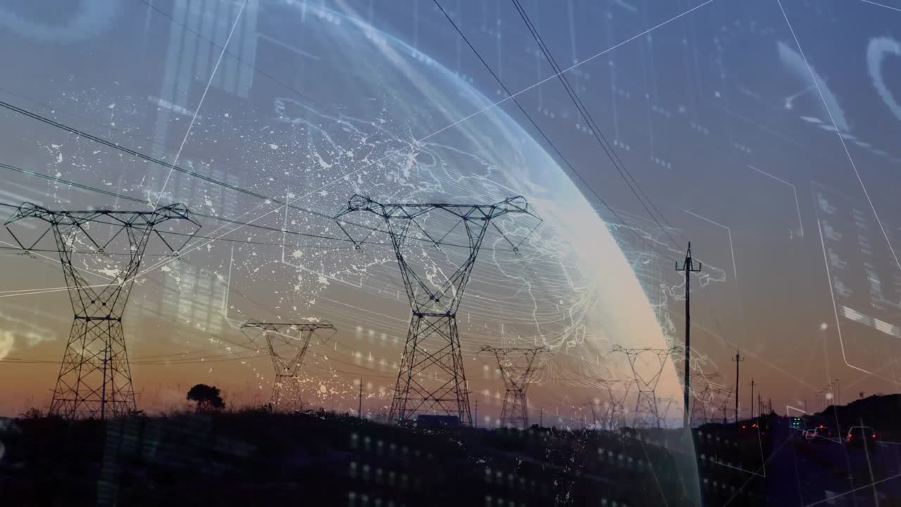 Animation of data processing over landscape with electricity pylons ...