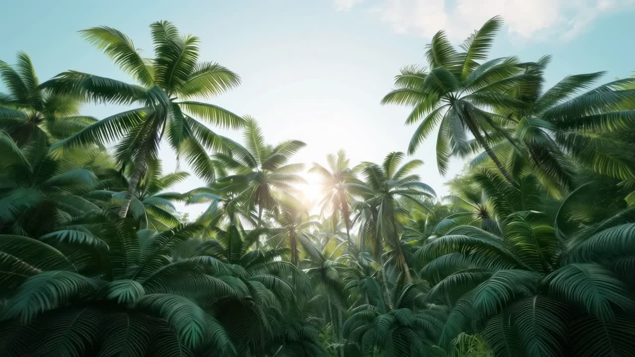 Lush tropical jungle with towering palm trees viewed from a low angle ...