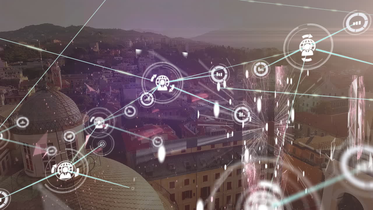 Animation of network of connections with icons over cityscape | Premium ...