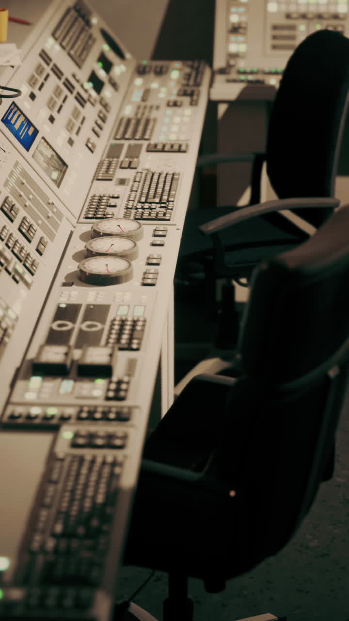 Premium stock video - Control room with buttons, knobs, dials, and switches