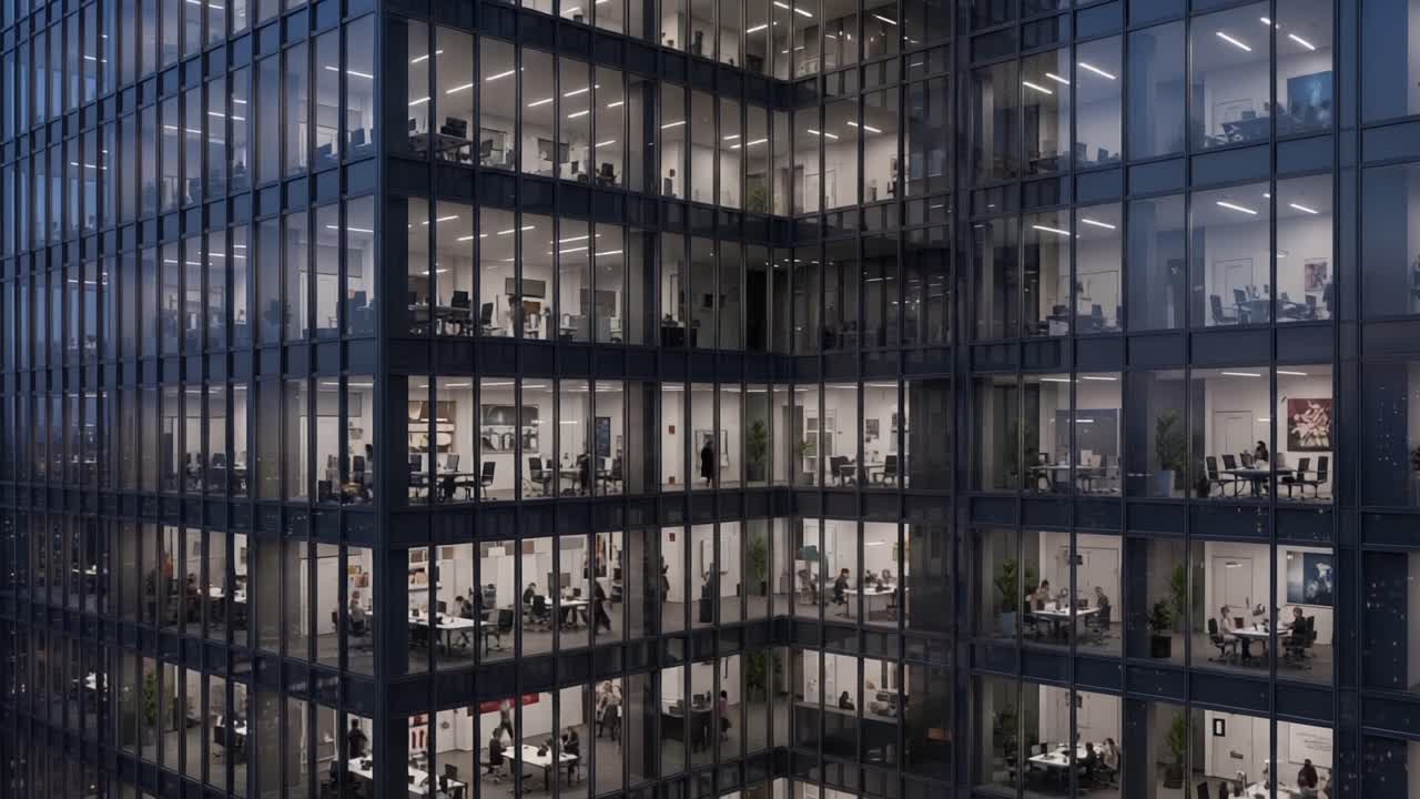 A Contemporary Office Building at Dusk Showcasing Busy Workspaces with ...