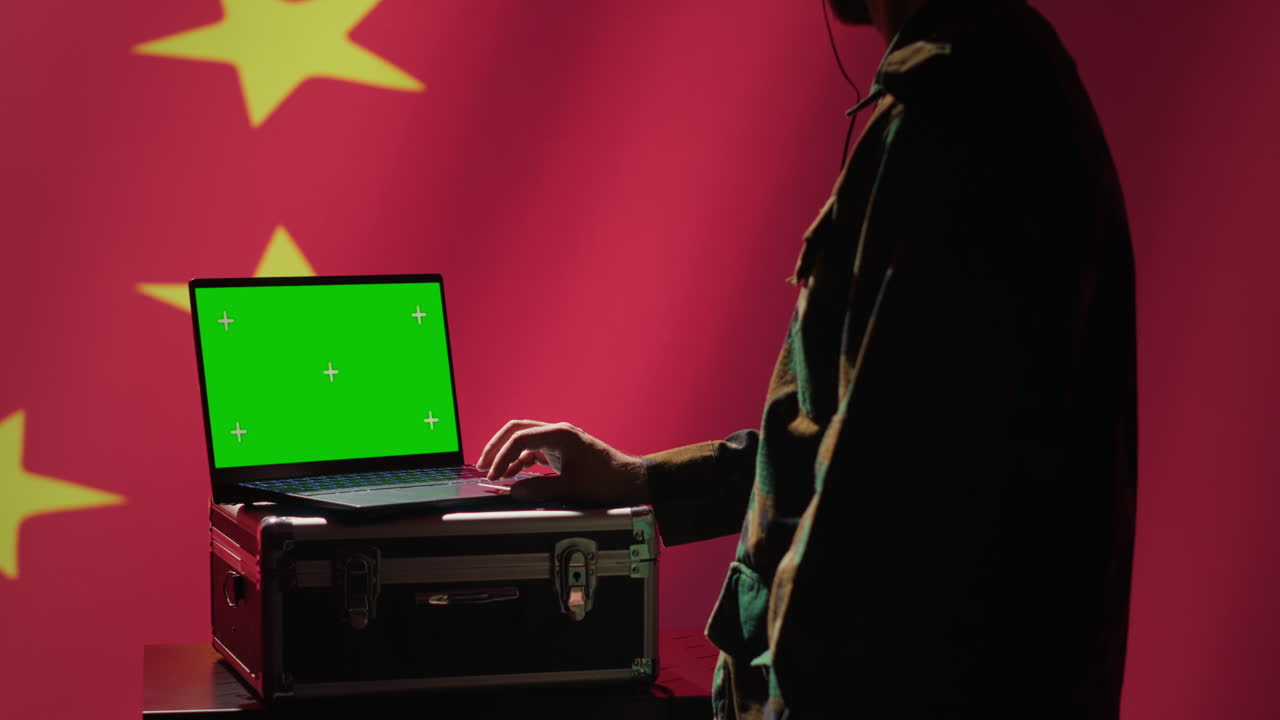 Republic of China army soldier scanning rockets with mockup laptop ...