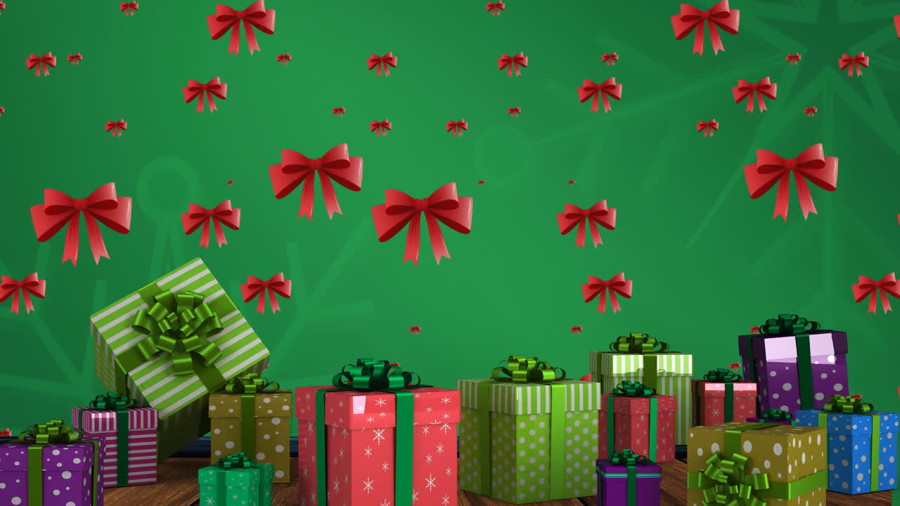 Premium stock video - Animation of falling bows over christmas gifts