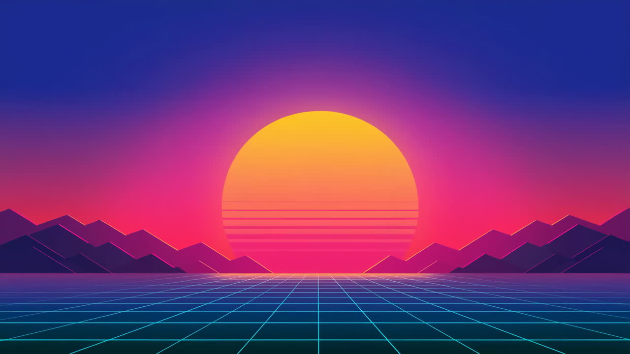 Retro Synthwave Sunset with Neon Grid and Mountains | Premium Stock ...