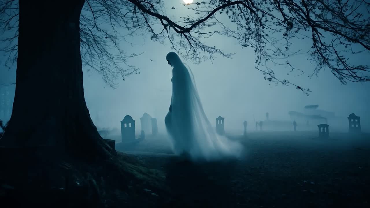Premium stock video - A ghostly figure walks through a foggy graveyard at night