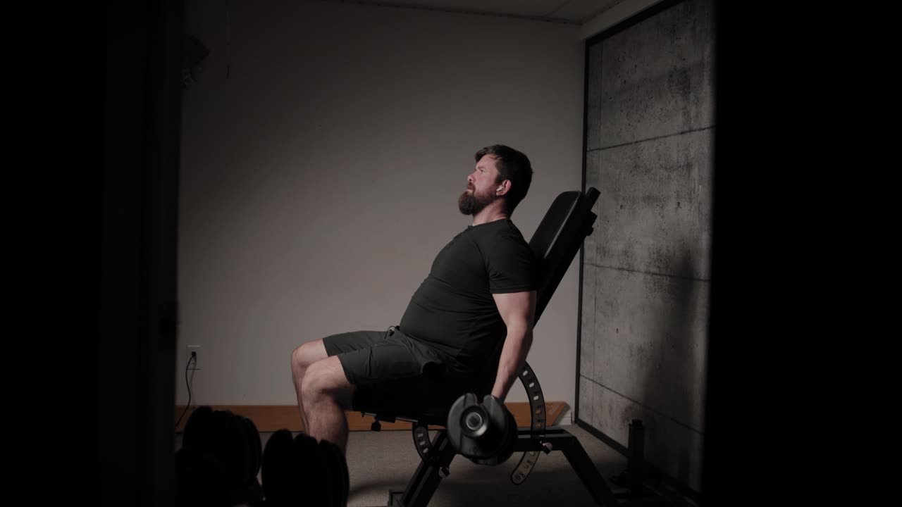 Premium stock video - Seated dumbbell bicep curls, cinematic lighting ...