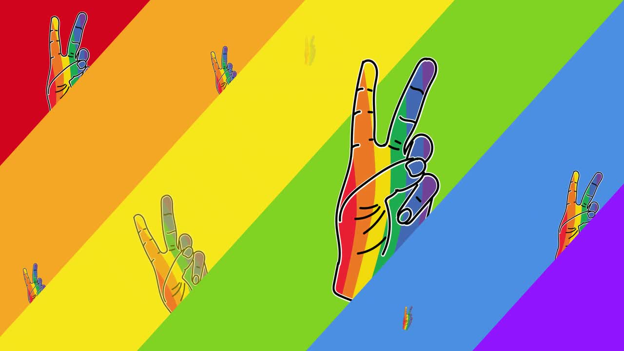 Premium stock video - Animation of rainbow v signs over rainbow stripes