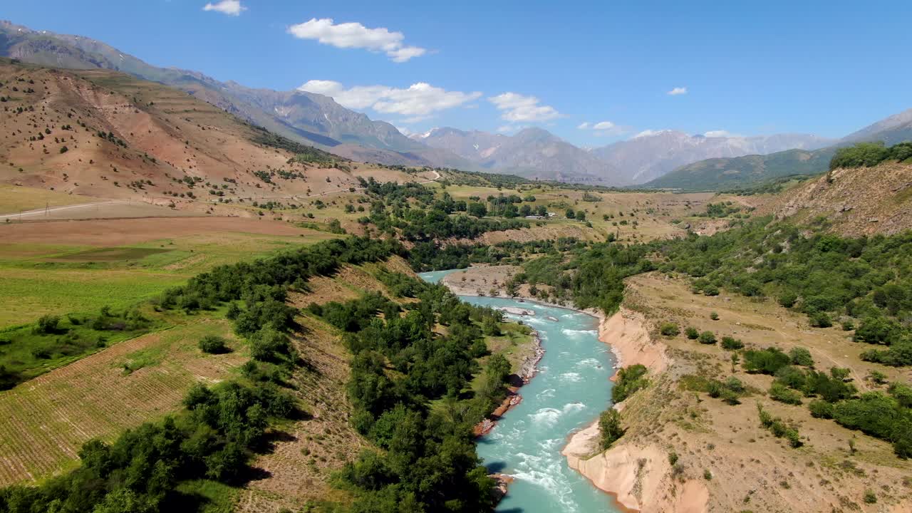 Premium stock video - Bird's eye view of the narrow waterscape of pskem ...