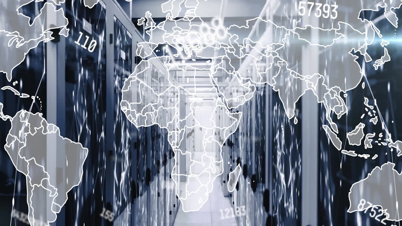 Premium stock video - Animation of changing numbers, map over connected dots on data server ...