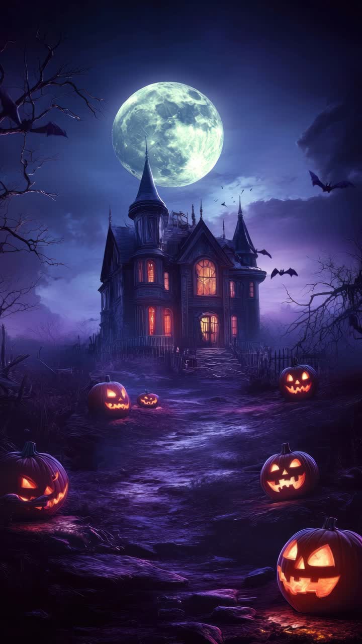 Spooky Halloween scene with a haunted house under a full moon, viewed ...