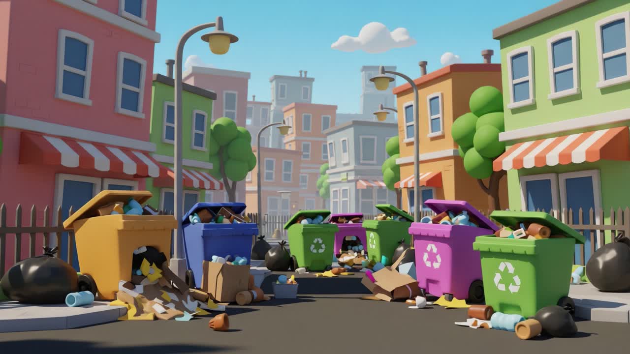 A Lively Animated Urban Scene Depicting Overfilled Recycling Bins ...