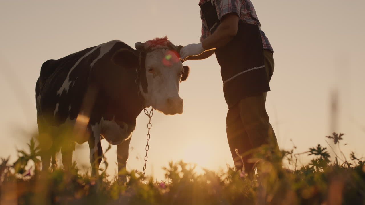 Premium stock video - Farmer strokes his cow in a meadow
