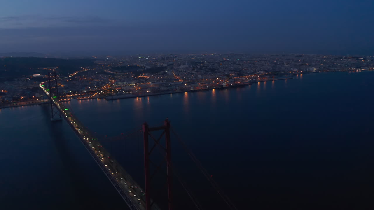 Night Panoramic Aerial View Of Town On Rivershore. Light Of Cars ...