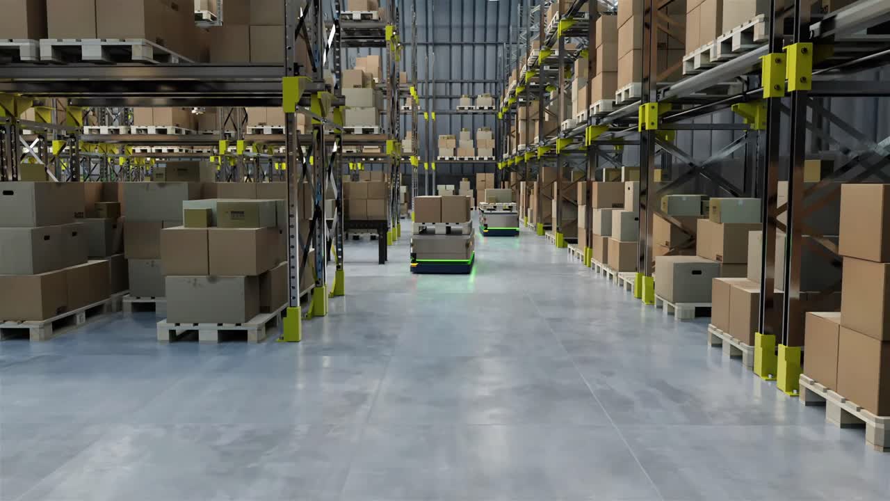 Premium stock video - Animation of robots and drones working in warehouse