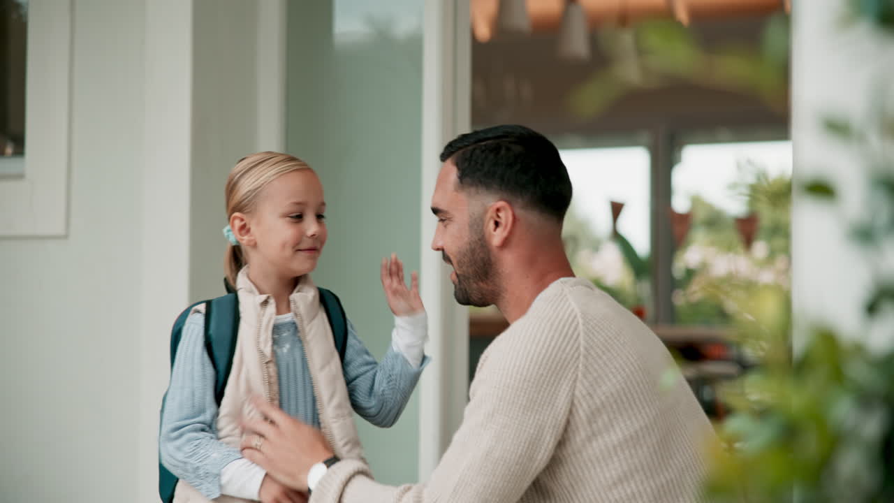 Father, kid with wave and hug before school Premium Stock Video Footage