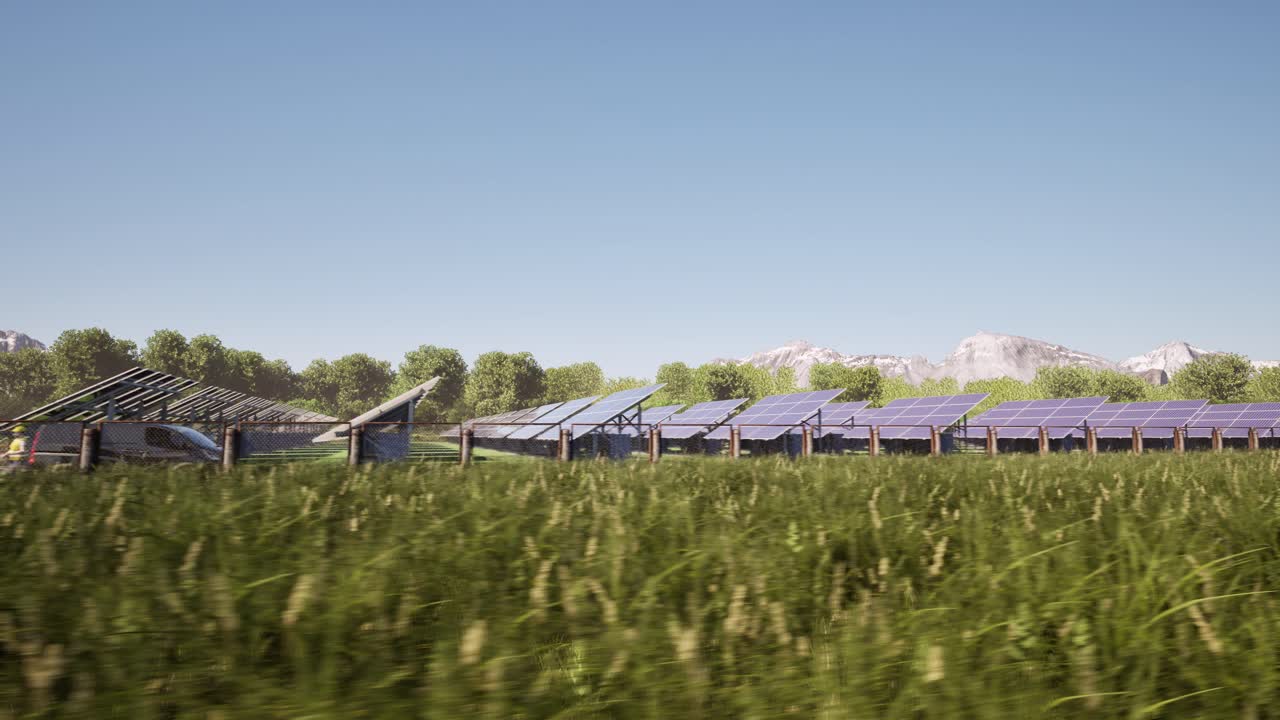 A Solar Park, Solar Farm, Photovoltaic Power Station With Trees And ...