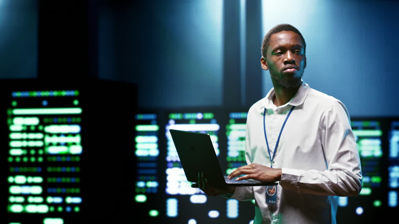 Admin installing supercomputer firewalls Premium Stock Video Footage